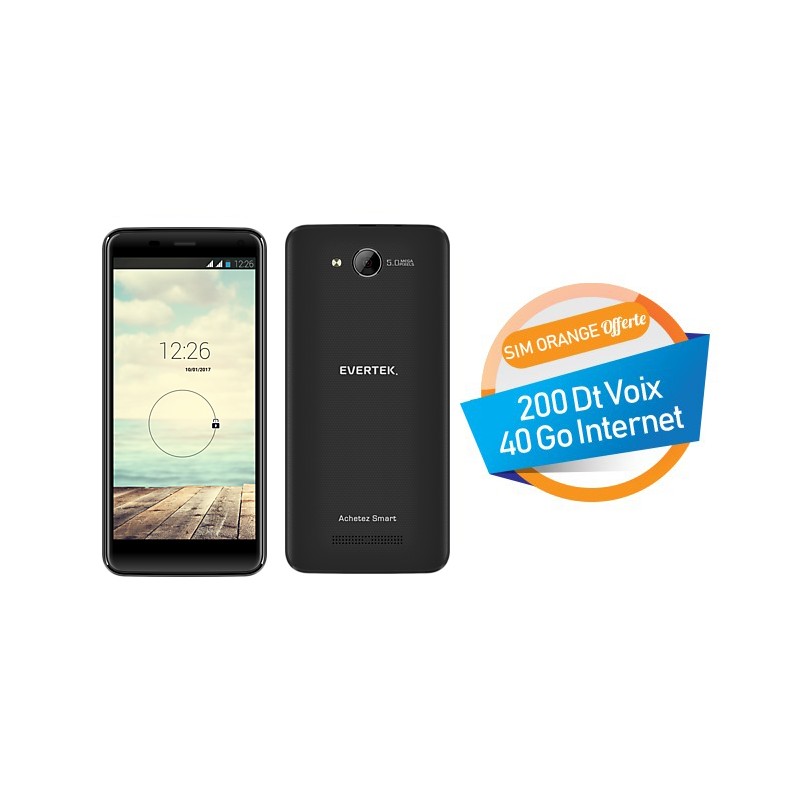 Téléphone Portable Evertek V5 Plus / 4G / Double SIM / Noir + SIM Orange Offerte (40 Go)