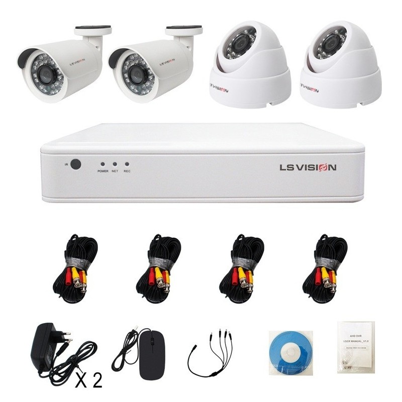 Kit LS Vision DVR AHD 4 canaux + 2 Caméras 2MP Tube + 2 Caméras 2MP Dôme
