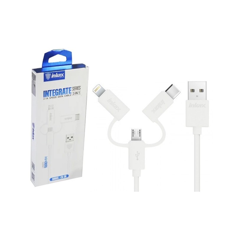 Câble Inkax 3en1 USB vers Micro USB / Lightning / USB type C / Blanc