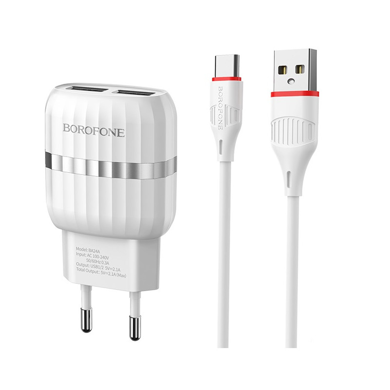 Chargeur Borofone BA24A Double Port USB Pour Type C / Blanc