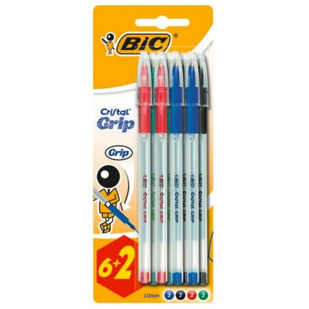 Lot de 8 Stylos bille BIC Cristal Grip / Moyen 1.0mm / Assortis