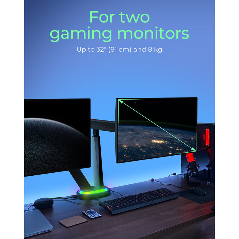 Support Gaming ICY BOX IB-MSG304BL-T pour 2x écrans / 32" / RGB / HUB