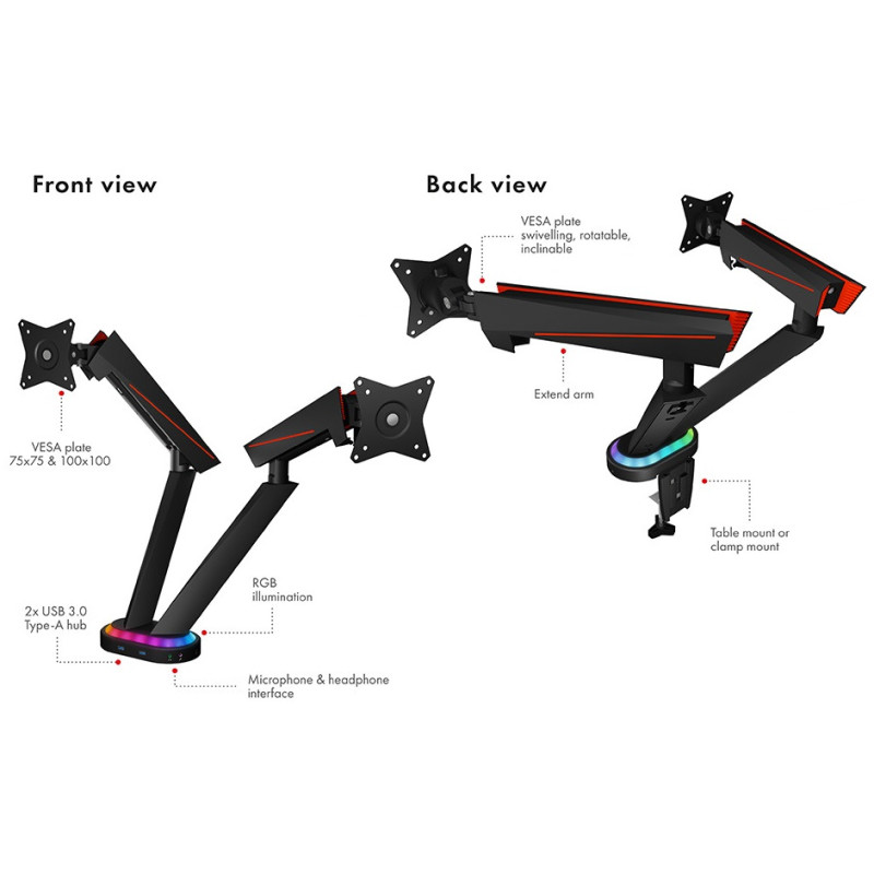 Support Gaming ICY BOX IB-MSG304BL-T pour 2x écrans / 32" / RGB / HUB