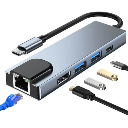 Adaptateur 5en1 Type C Vers HDMI, 2x USB 3.0, RJ45 et USB Type C