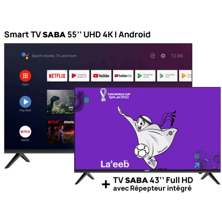 TV SABA 55" Smart TV Android 4K UHD LED + TV SABA 43" Full HD avec ...