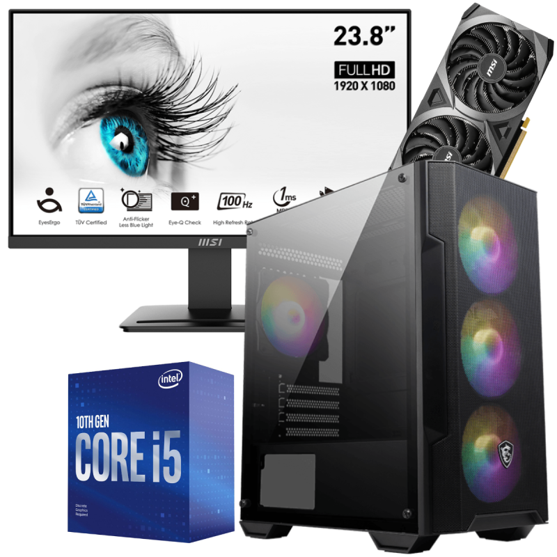 Setup Gamer MSI Pc de Bureau Gaming / i5-10400F / RTX 3060 12G / 16 Go Avec Écran MSI PRO 24 ...