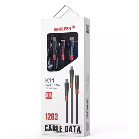 Câble KINGLEEN 3en1 USB vers Micro USB / Type C / Lightning / Noir