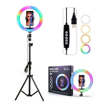 Selfie Ring Light 360° + tripode / RGB / Noir