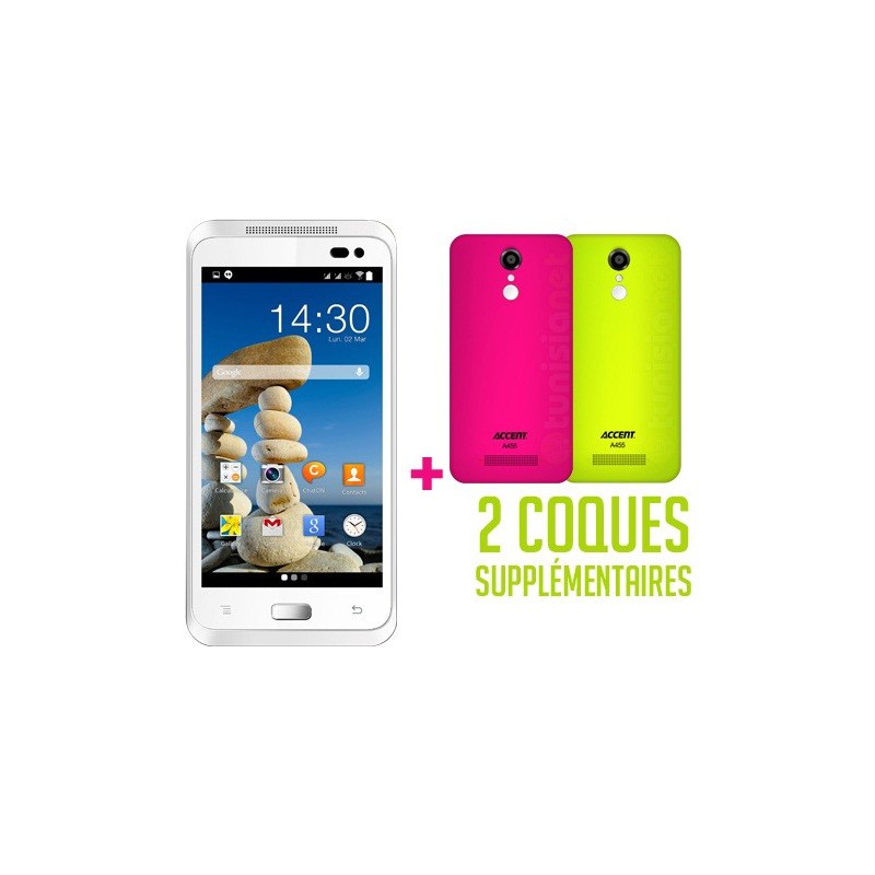 Téléphone Portable Accent A455C / Double SIM / Blanc + 2 Coques