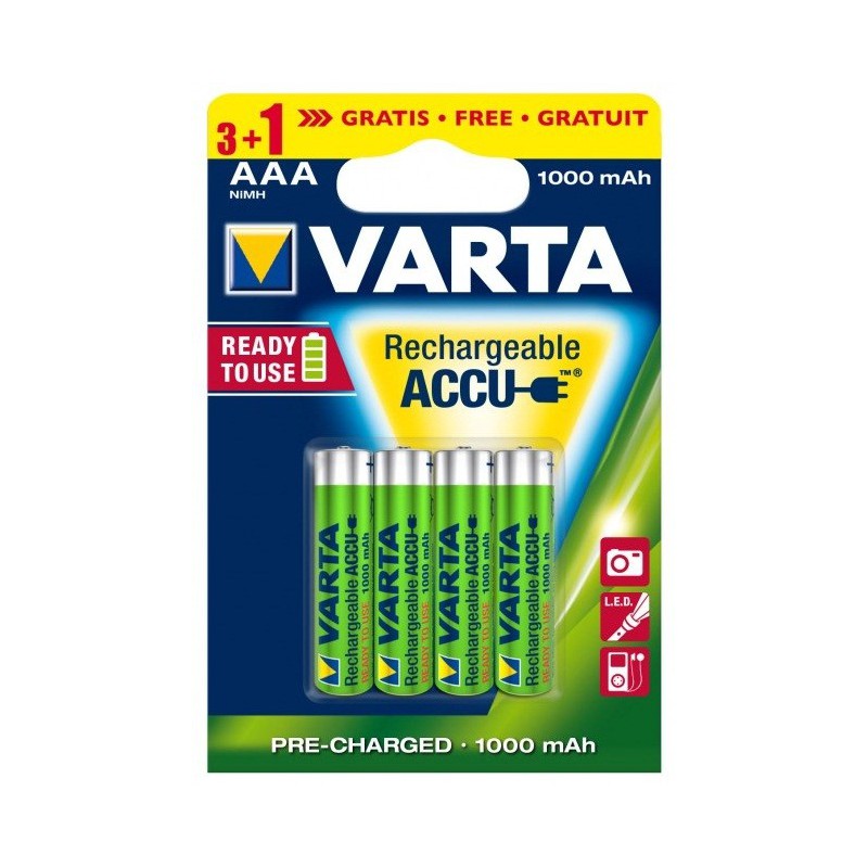 3x Piles AAA Varta Rechargeable Accu R03 1000 mAh + 1 Pile offerte