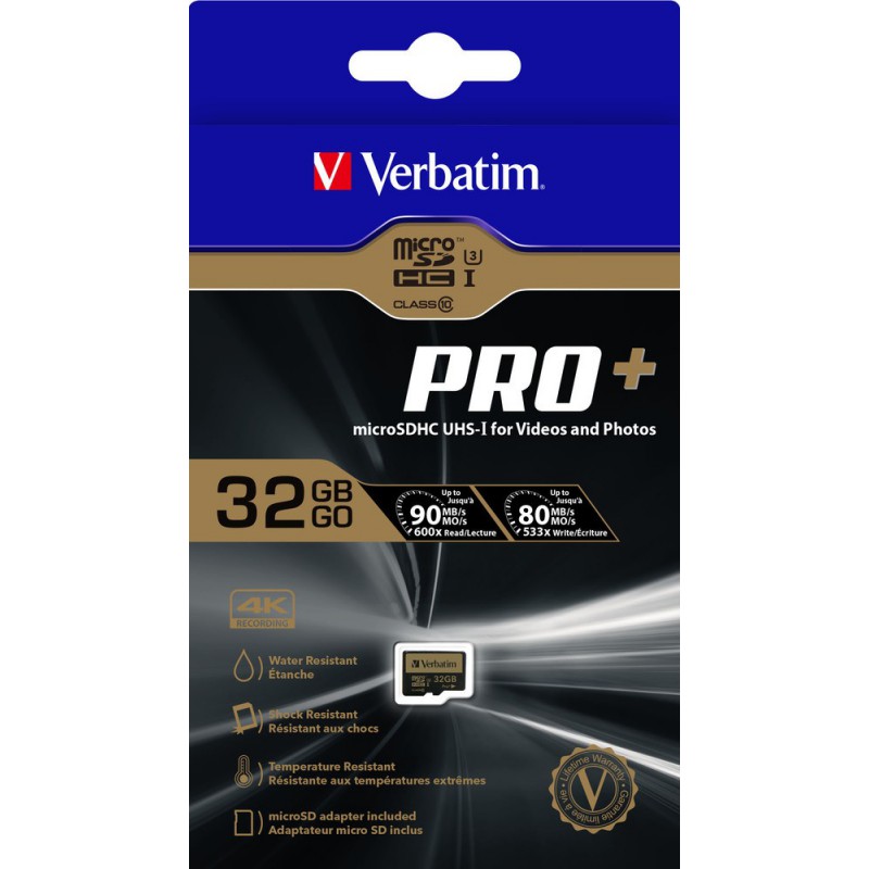 Carte Mémoire Micro SDHC Verbatim Pro+ U3 32GB Avec Adaptateur